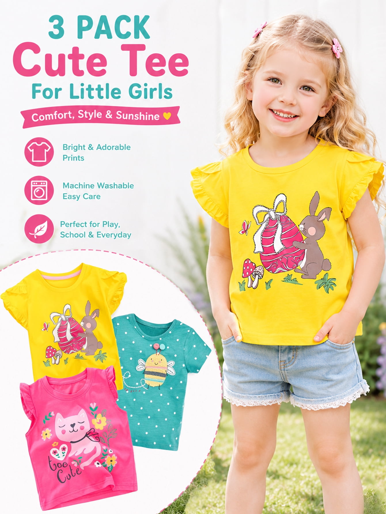 HILEELANG Toddler Girls' Short Sleeve T-Shirt Set, 3T, Cotton, 3 Pack ...