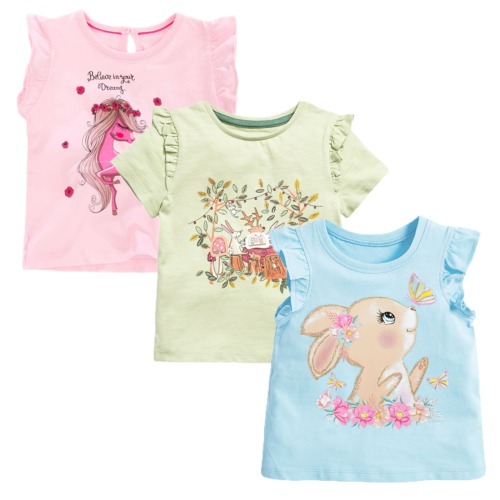 Toddler Girls' 3T Cotton Casual Graphic Bunny T-Shirts Packs, Summer ...