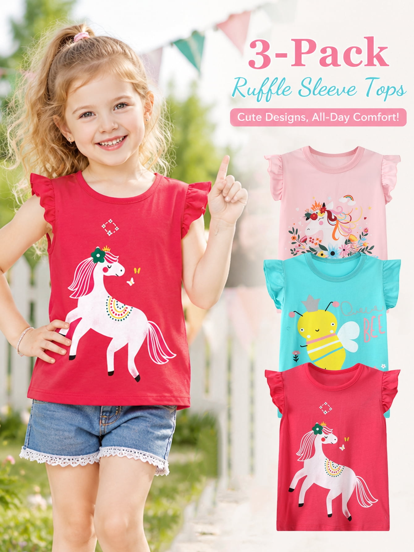 HILEELANG Toddler Girls' Cotton Short Sleeve T-Shirts, Soft Elastic ...