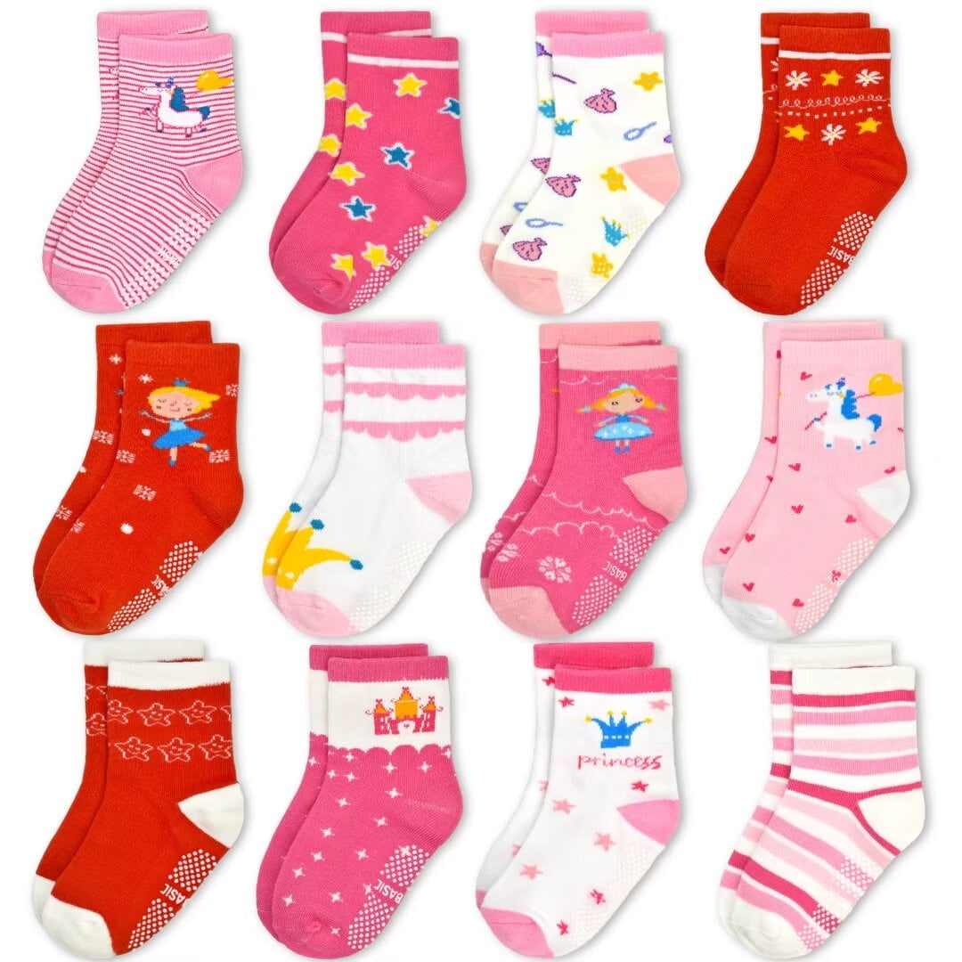 Toddler Girls Socks, 12 Pack Non Slip Breathable Crew Socks with Grips ...