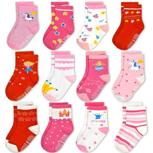 Toddler Girls Socks, 12 Pack Non Slip Breathable Crew Socks with Grips ...