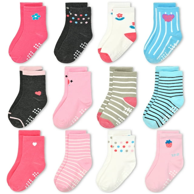 Toddler Girls Socks, 12 Pack Non Slip Breathable Crew Socks with Grips ...