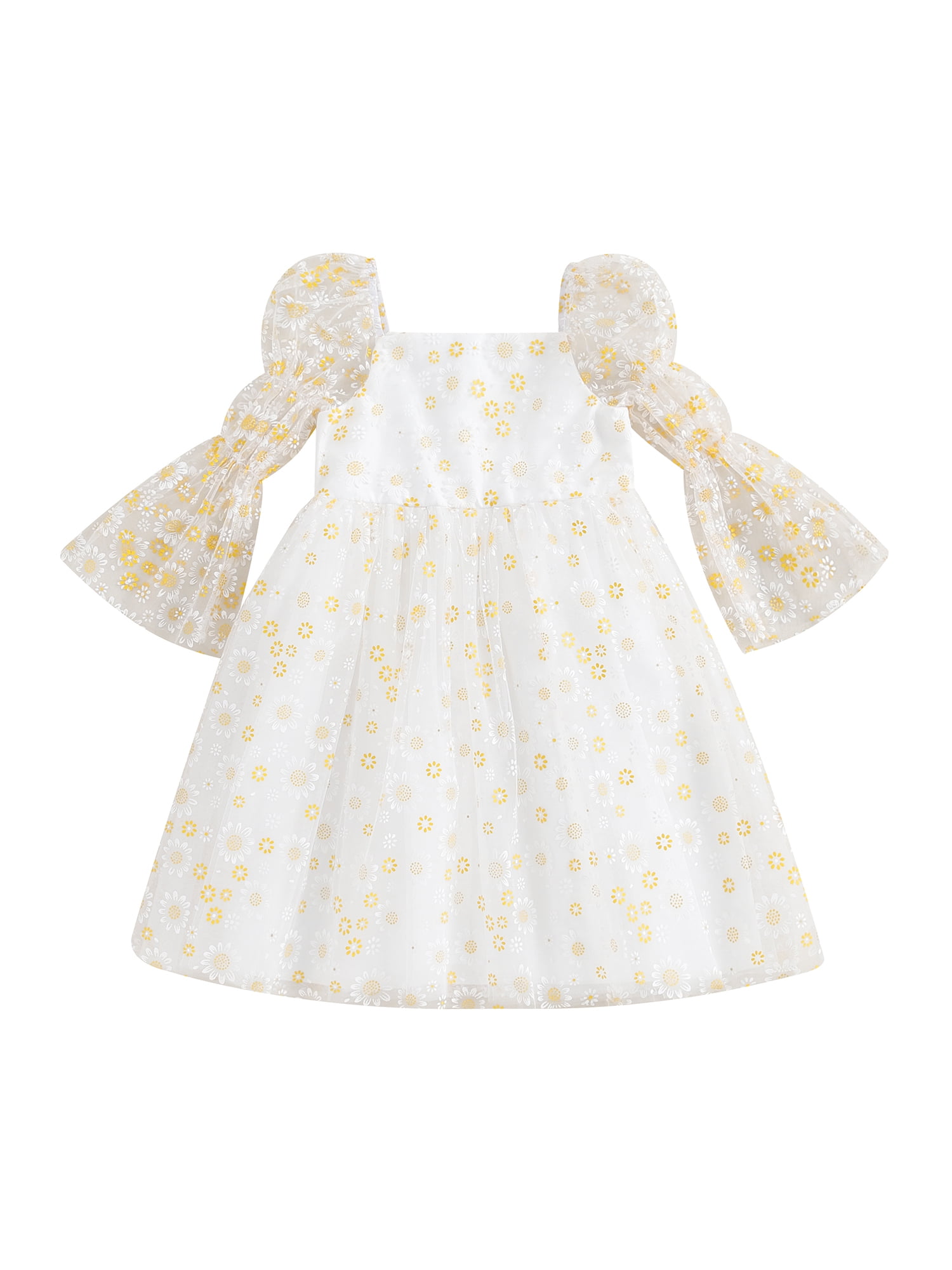 Toddler Girls Summer Princess Dress, Daisy Print Long Puff Sleeve ...