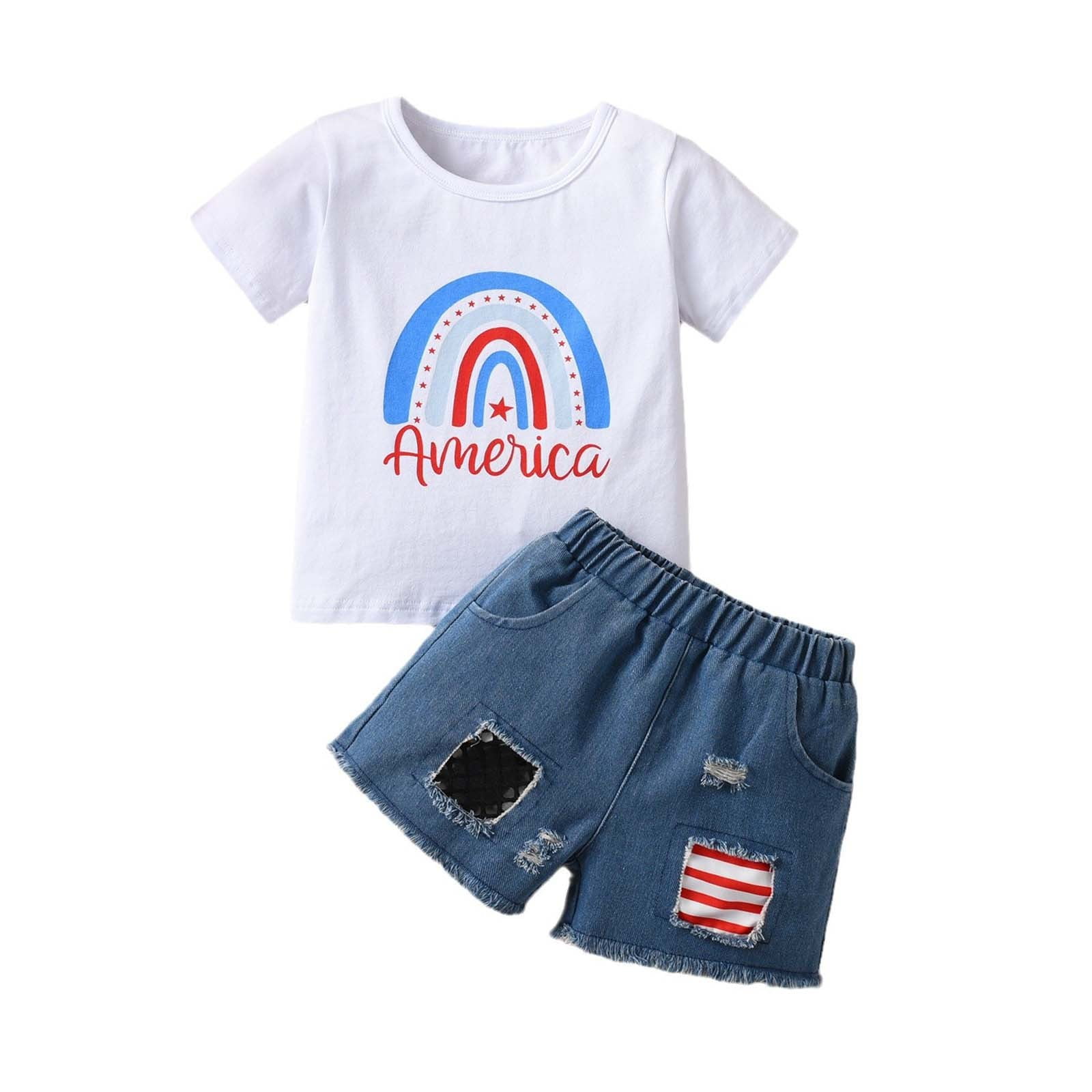 Trolimons Girls Outfit Short Sleeve Printed Top and Ripped Denim Shorts Set , 2-Piece Set ...