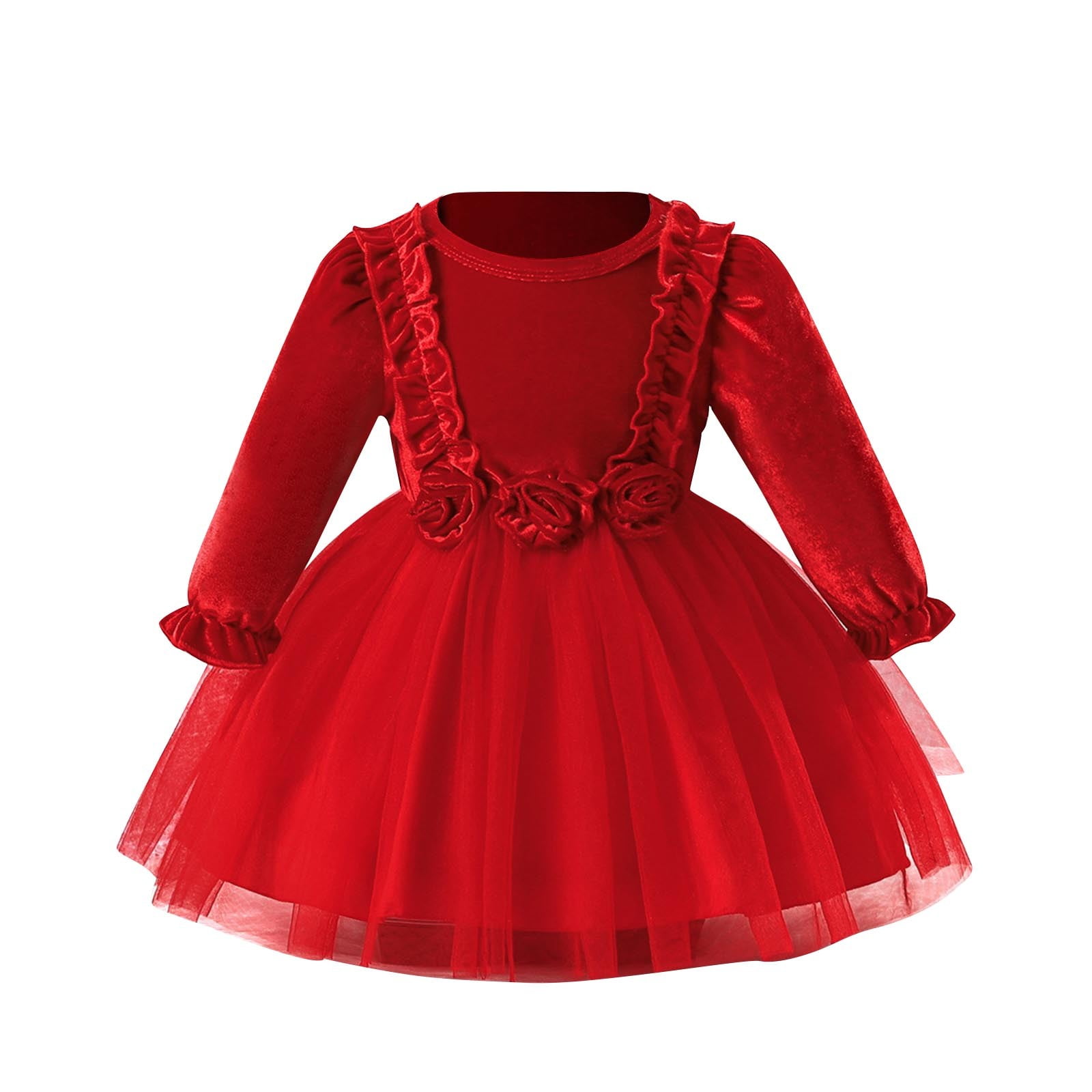 Toddler Girls Tulle Dresses - Fall Velvet Ruffle Long Sleeves Flower ...