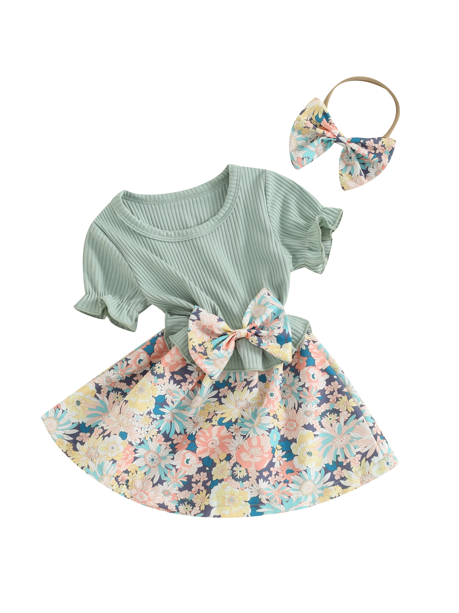 Toddler Girls Two Piece Outfits Floral Ribbed Patchwork Short Sleeve ...