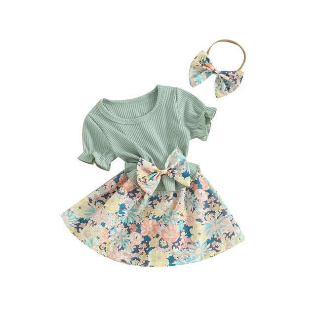 Toddler Girls Two Piece Outfits Floral Ribbed Patchwork Short Sleeve ...