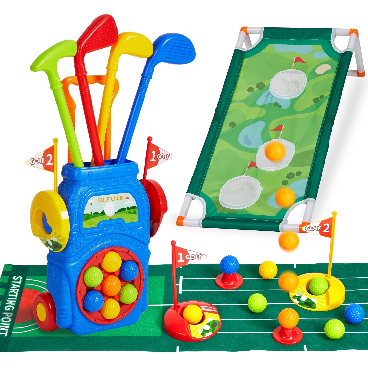 Zacro Kids Golf Set with Putting Mat 4 Golf Clubs 10 Balls Golf Cart ...