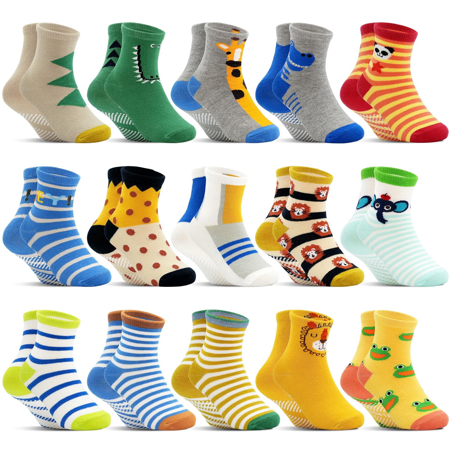 ELUTONG Toddler Grip Socks 15 Pairs Non Slip Cartoon Crew for Kids 1-7 ...