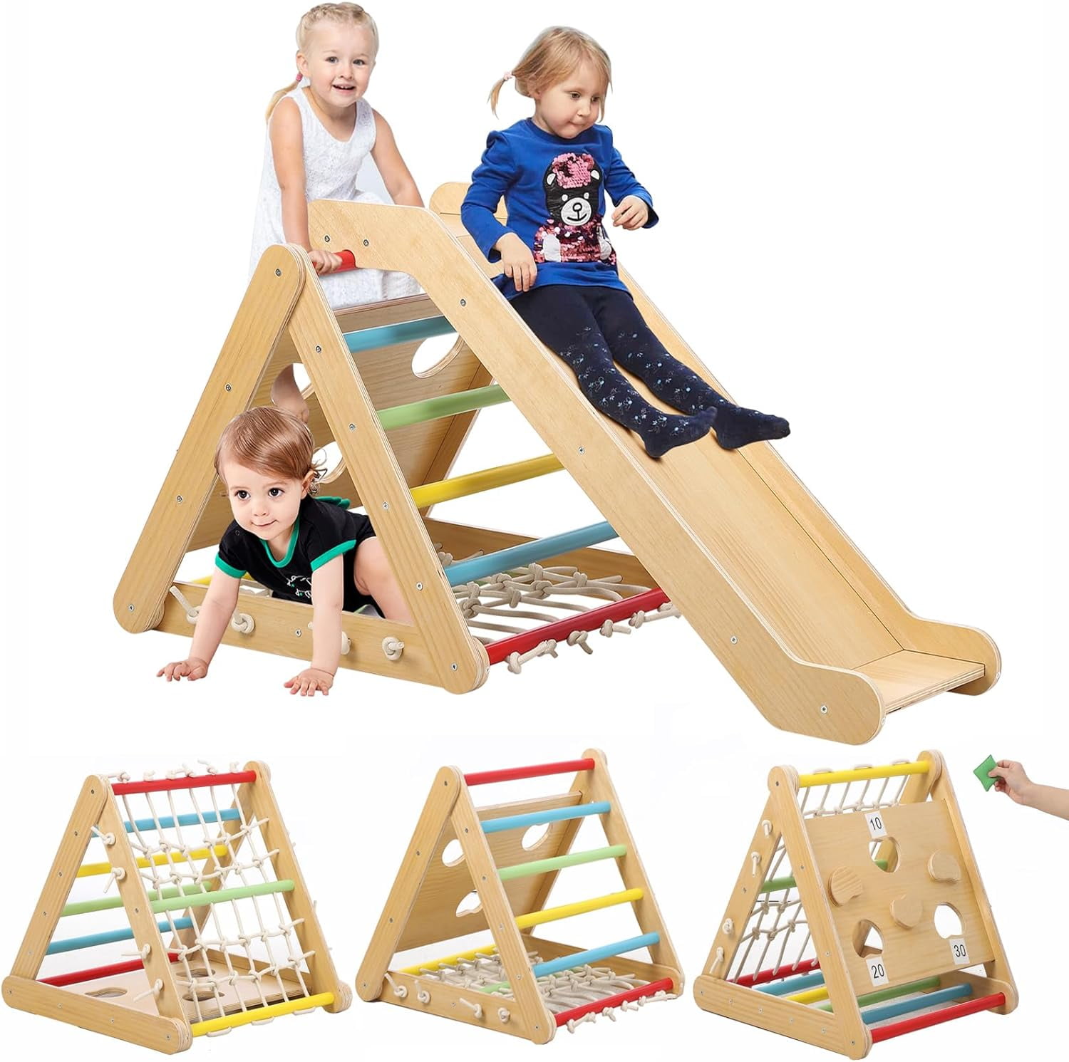 Toddler Indoor Gym Playset, 2 in 1 Wooden Climbing Toys, 3-Sided Wooden ...