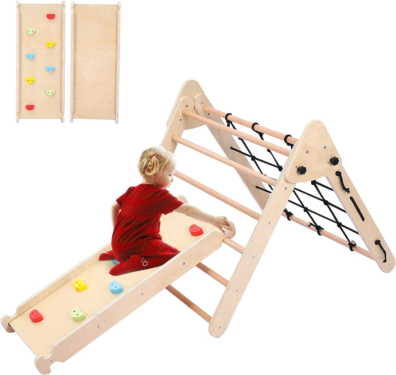Toddler Indoor Gym Playset, 2-in-1 Wooden Climbing Toys, Triangle ...