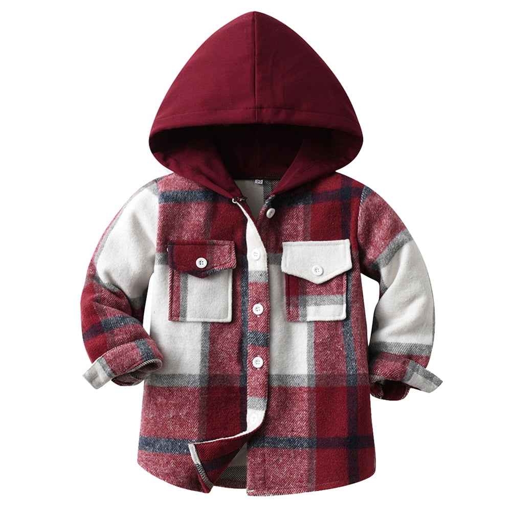 Toddler Kids Boys Girls Flannel Hooded Plaid Shirt Button Baby Red ...