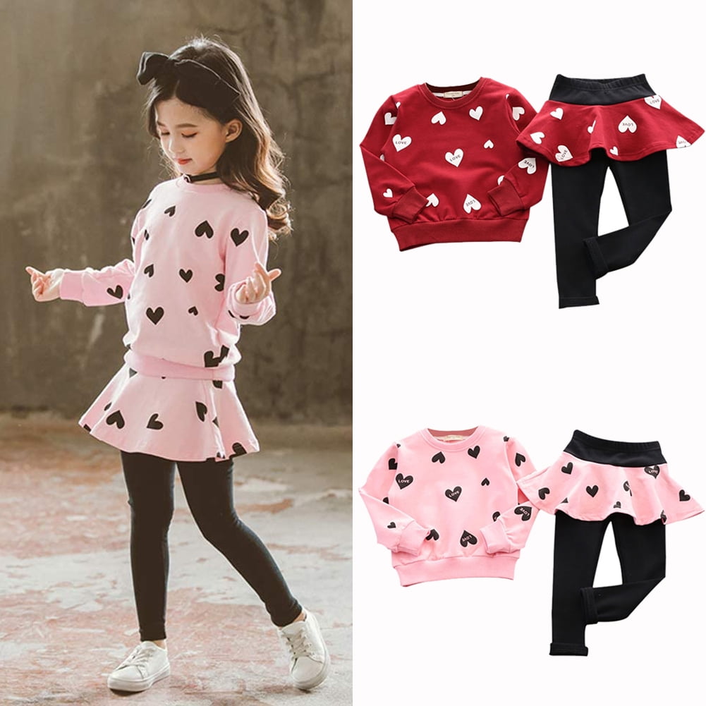 Toddler Kids Girl Heart Print Clothes Top T-shirt Skrit Pants Leggings ...