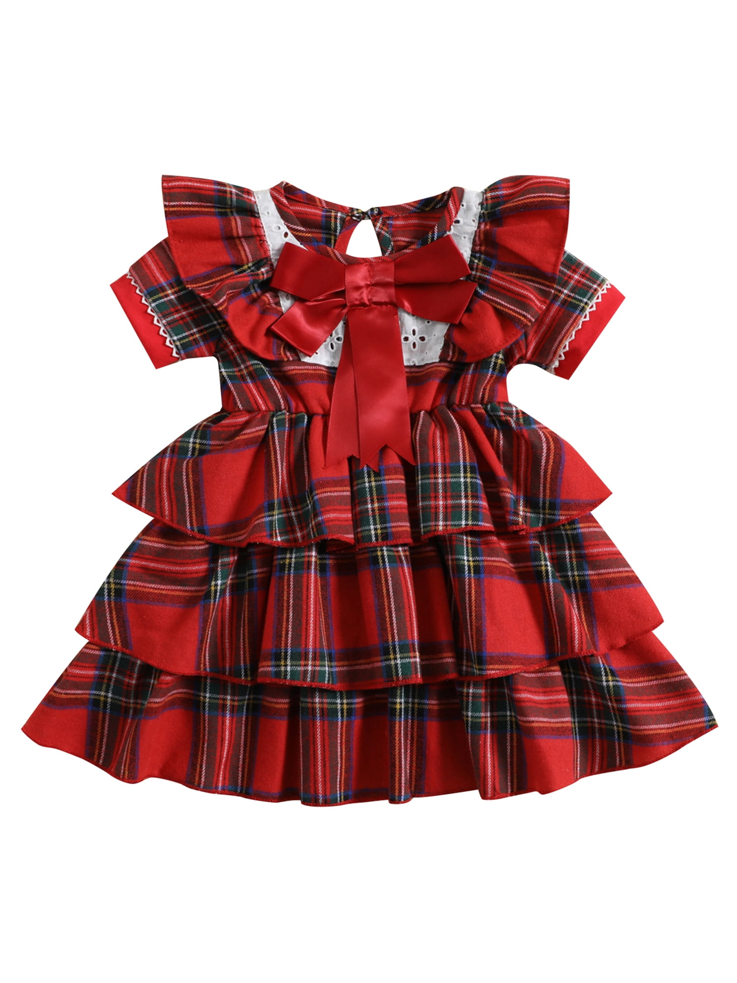 Toddler Kids Girls Plaid Dress Lace Trim Crew Neck Short Fly Sleeve ...