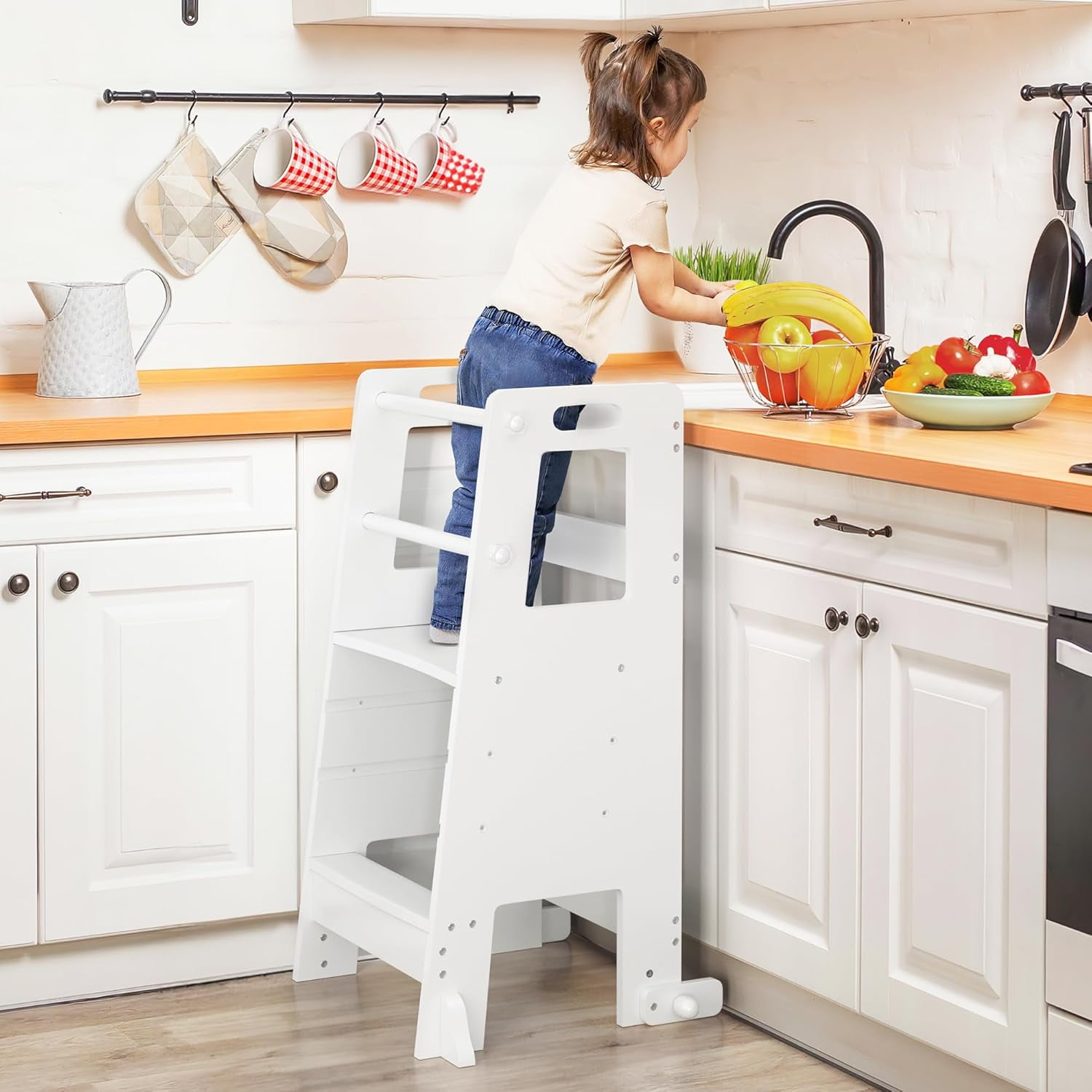 Toddler Kitchen Step Stool Helper with Safety Rails, Adjustable Height ...