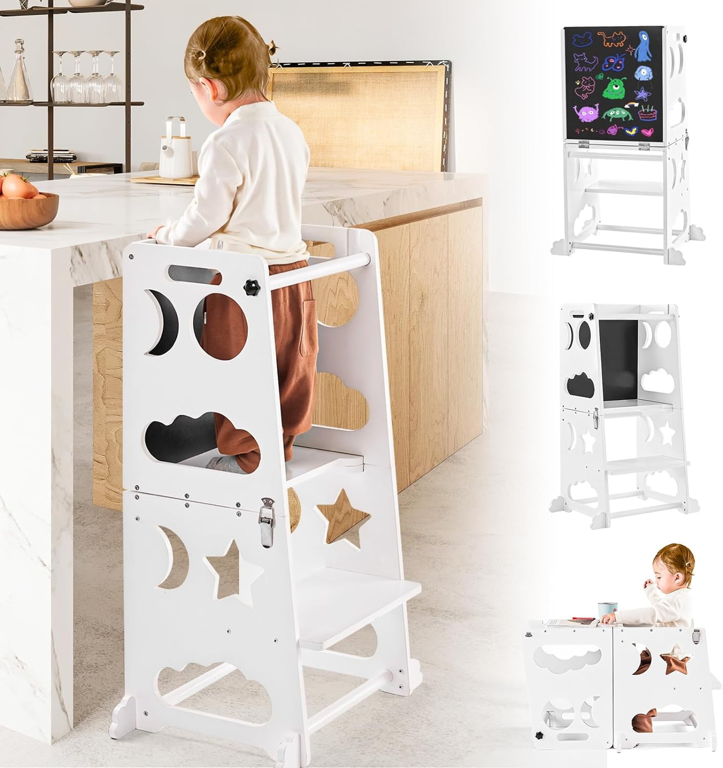 Toddler Kitchen Stool Helper, 4 in 1 Toddler Standing Tower Collapsible ...