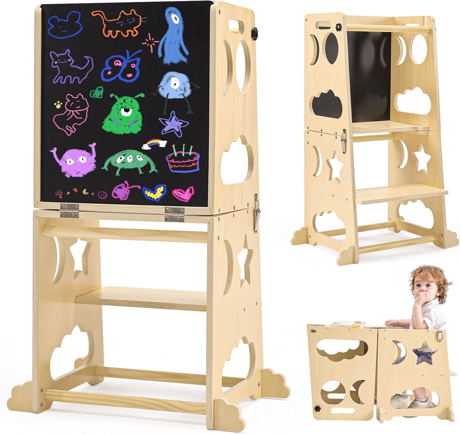 Toddler Kitchen Stool Helper, 4 in 1 Toddler Standing Tower Collapsible ...