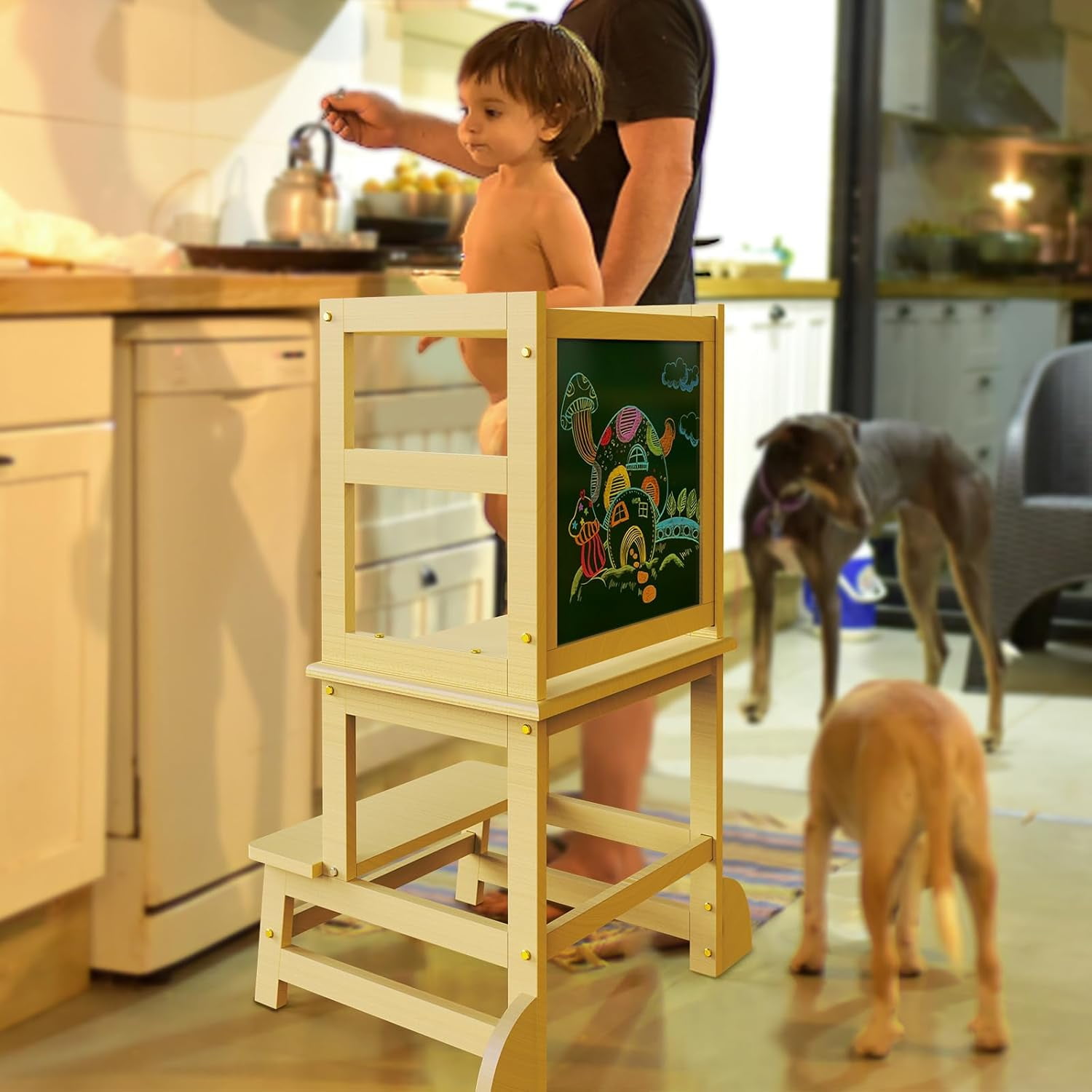 Toddler Kitchen Stool Helper, Step Stool for Kids with Chalkboard ...