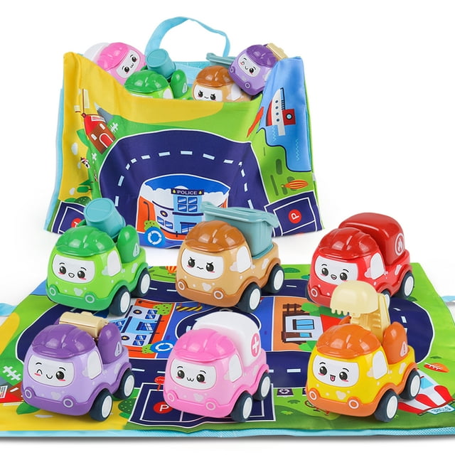 Baby Toy Car for Toddler 1-3, 6PCS Mini Pull Back Car with Playmat ...