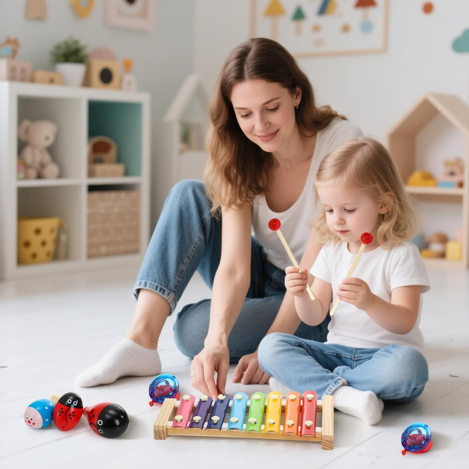 Toddler Musical Instruments, Kids Wooden Percussion Toys with Storage ...