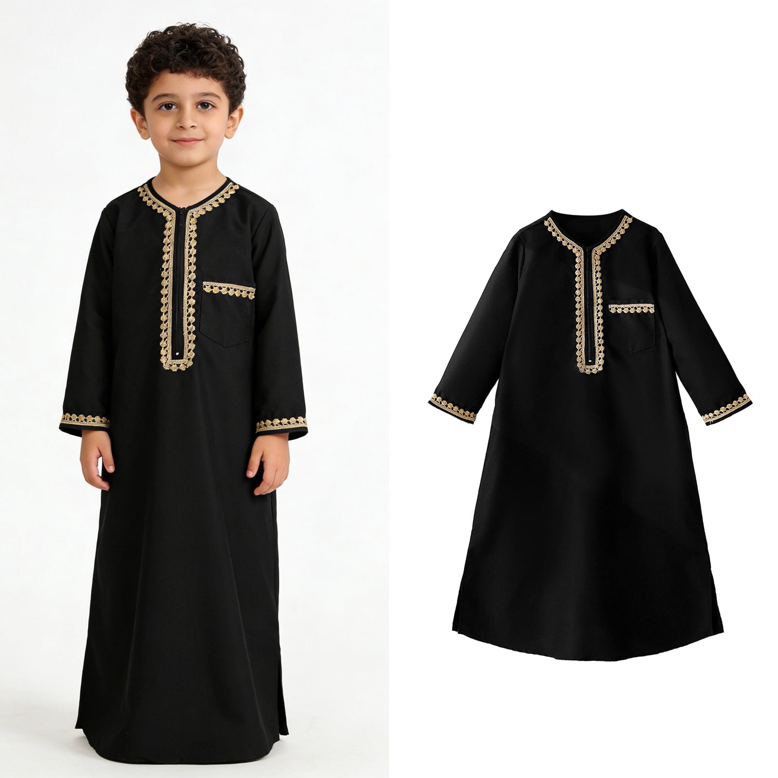 Toddler Thobe for Boy Long Sleeve Zipper Embroidered Long Thobe Eid ...