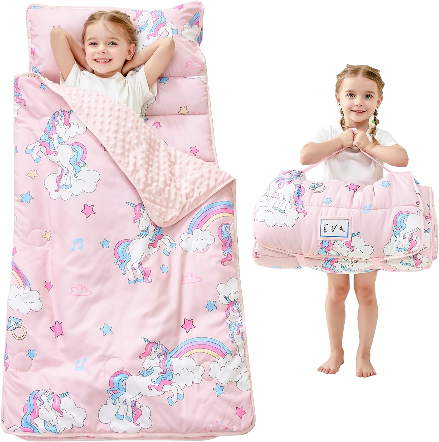 Toddler Nap Mat with Pillow and Blanket, Extra Large Rolled Napping ...