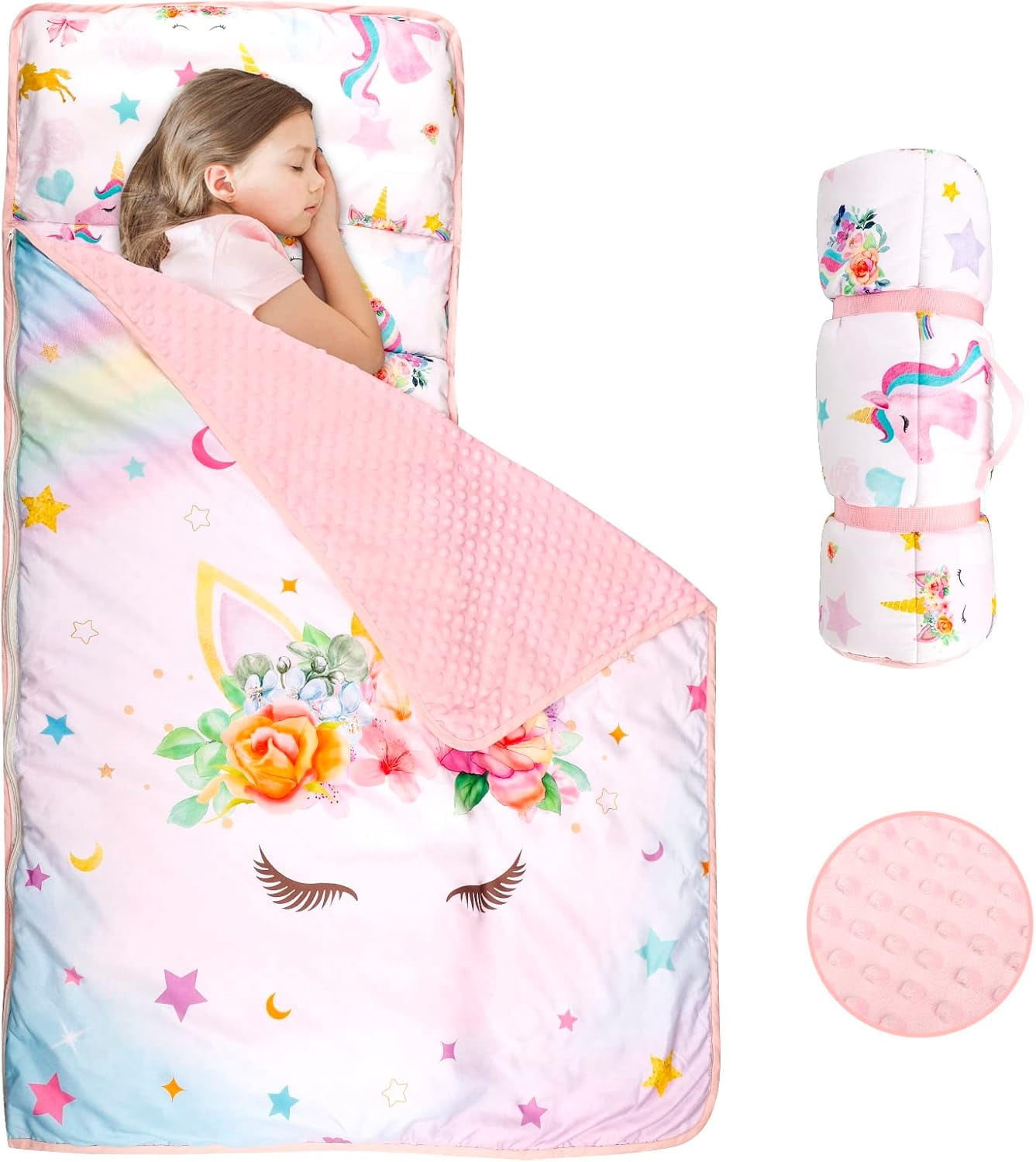 Toddler Nap Mat with Removable Pillow and Soft Dot Minky Blanket Kids ...