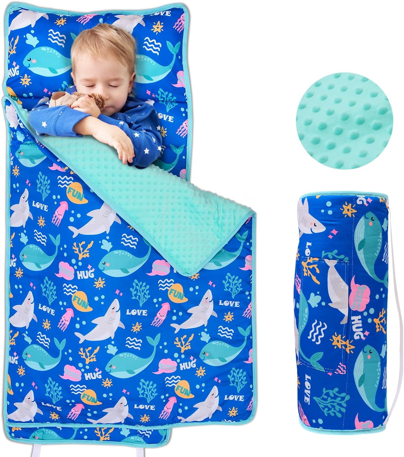 Toddler Nap Mats for Preschool with Removable Pillow and Minky Blanket ...