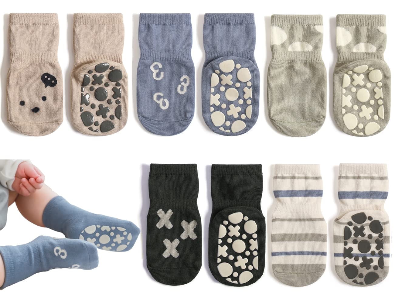 Toddler Non Slip Socks, Cute Baby Socks with Grips Crew Socks 5 Pairs-S ...