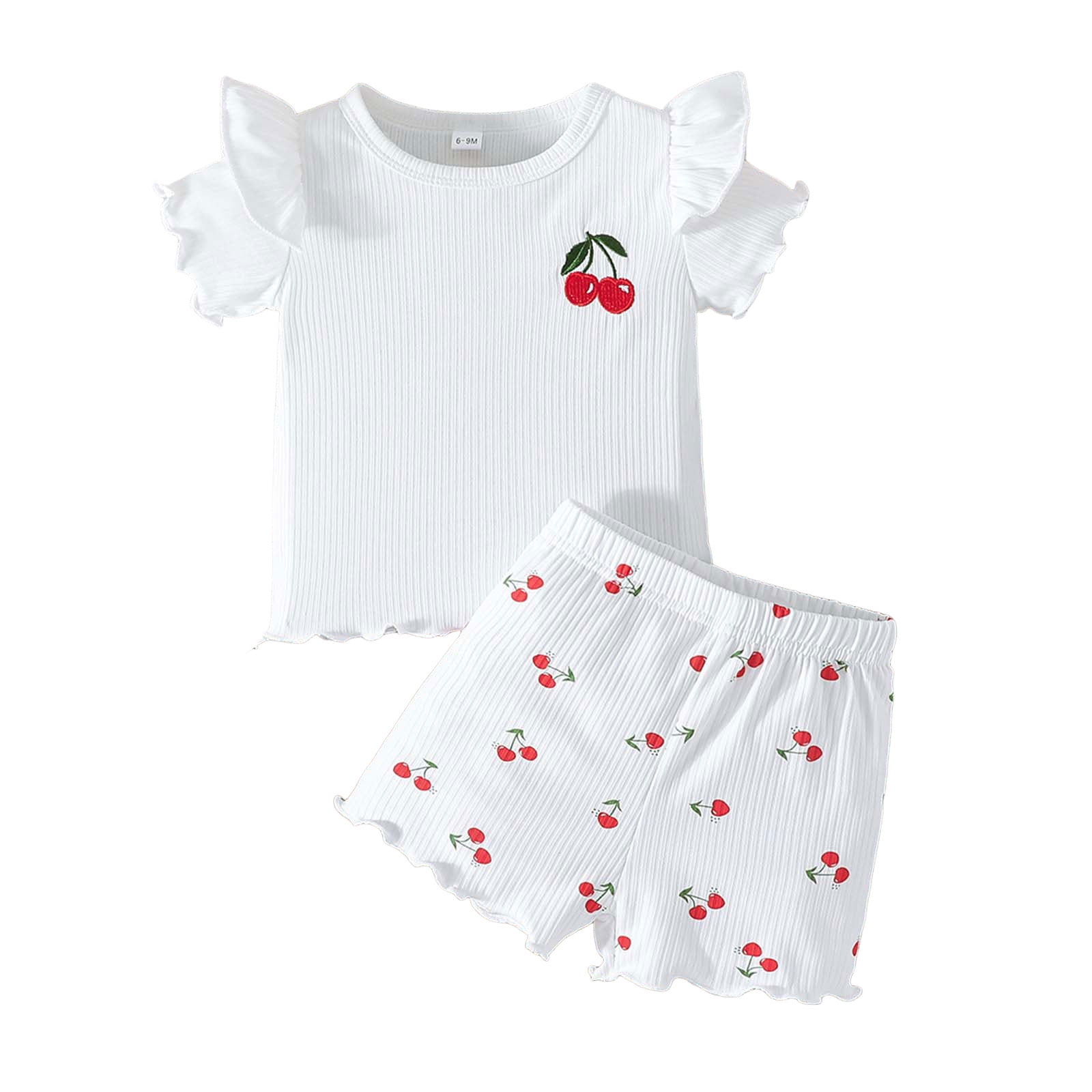 Toddler Outfits for Girls Cherry Embroidery Short Ruffle Sleeve Top and ...