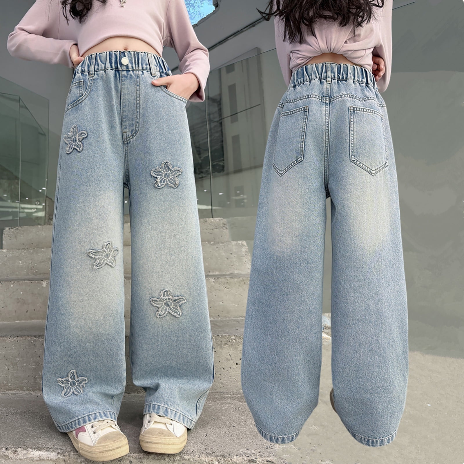 Toddler Pants Girls Baggy Wide Leg Elastic Waist Cargo Jeans ...