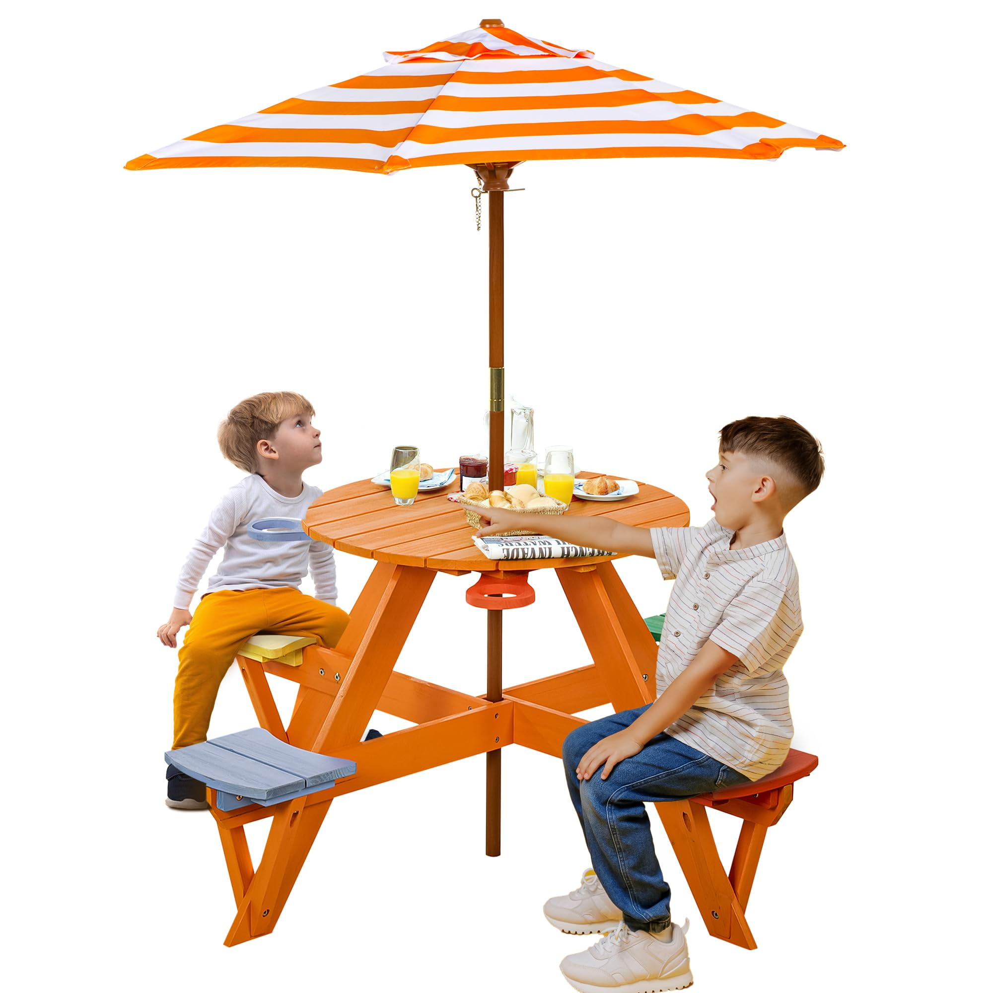 Toddler Picnic Table and Stool Set, Wooden Round Table with Adjustable ...