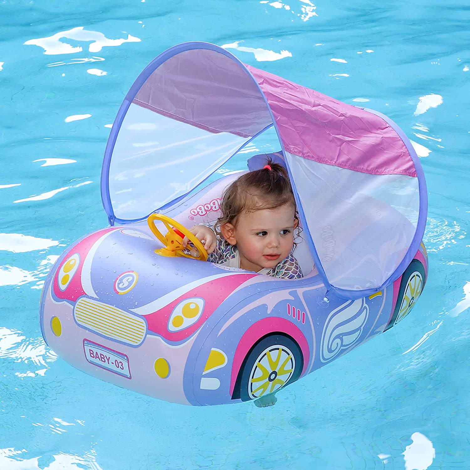 BOPORO Kid's Inflatable Car Swimming Pool Float with Retractable Canopy ...
