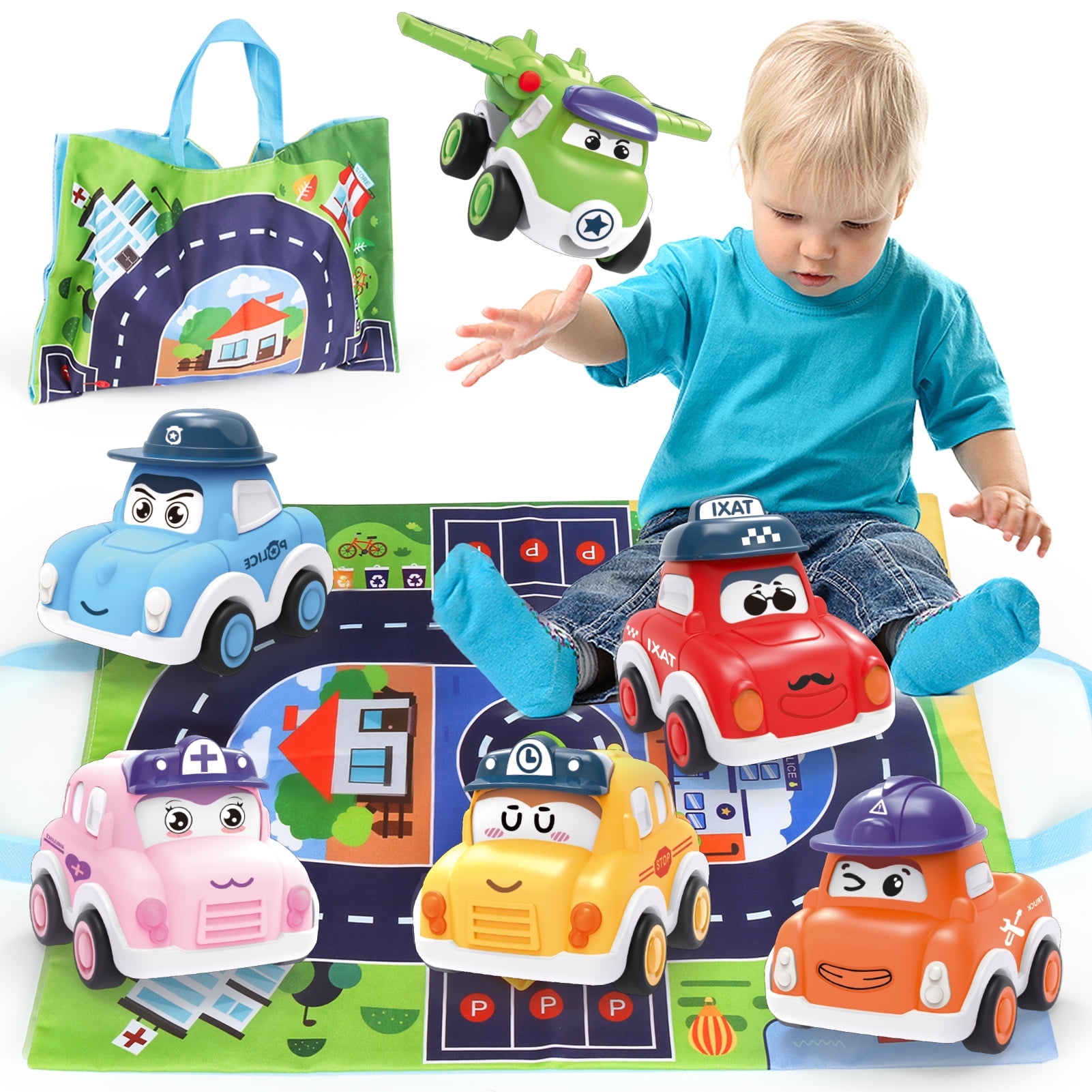 Tepear Toddler Pull Back Car Toy Set with 6 Vehicles and Playmat, Gift ...