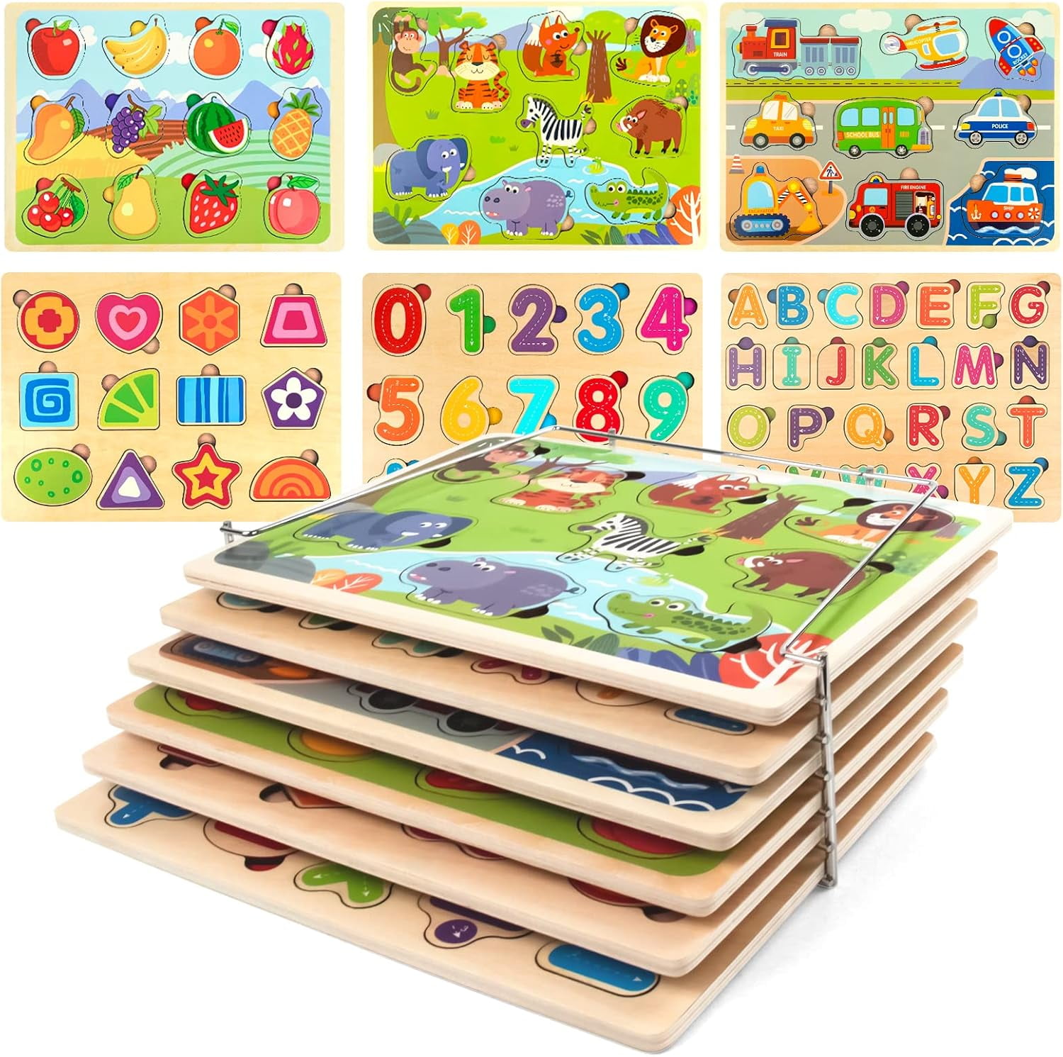 Toddler Puzzle and Shelf Set, Wooden Peg Puzzle Set with Storage Shelf ...
