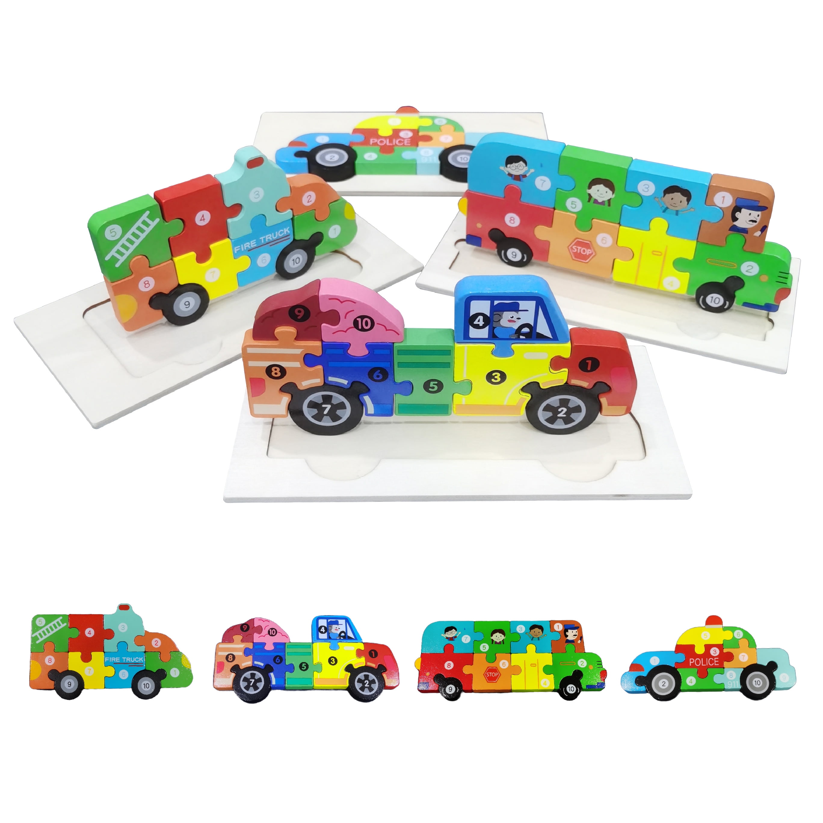 Toddler Puzzles,Set of 4,Wooden Vehicle Jigsaw Puzzle Toys for 2 3 4 5 ...