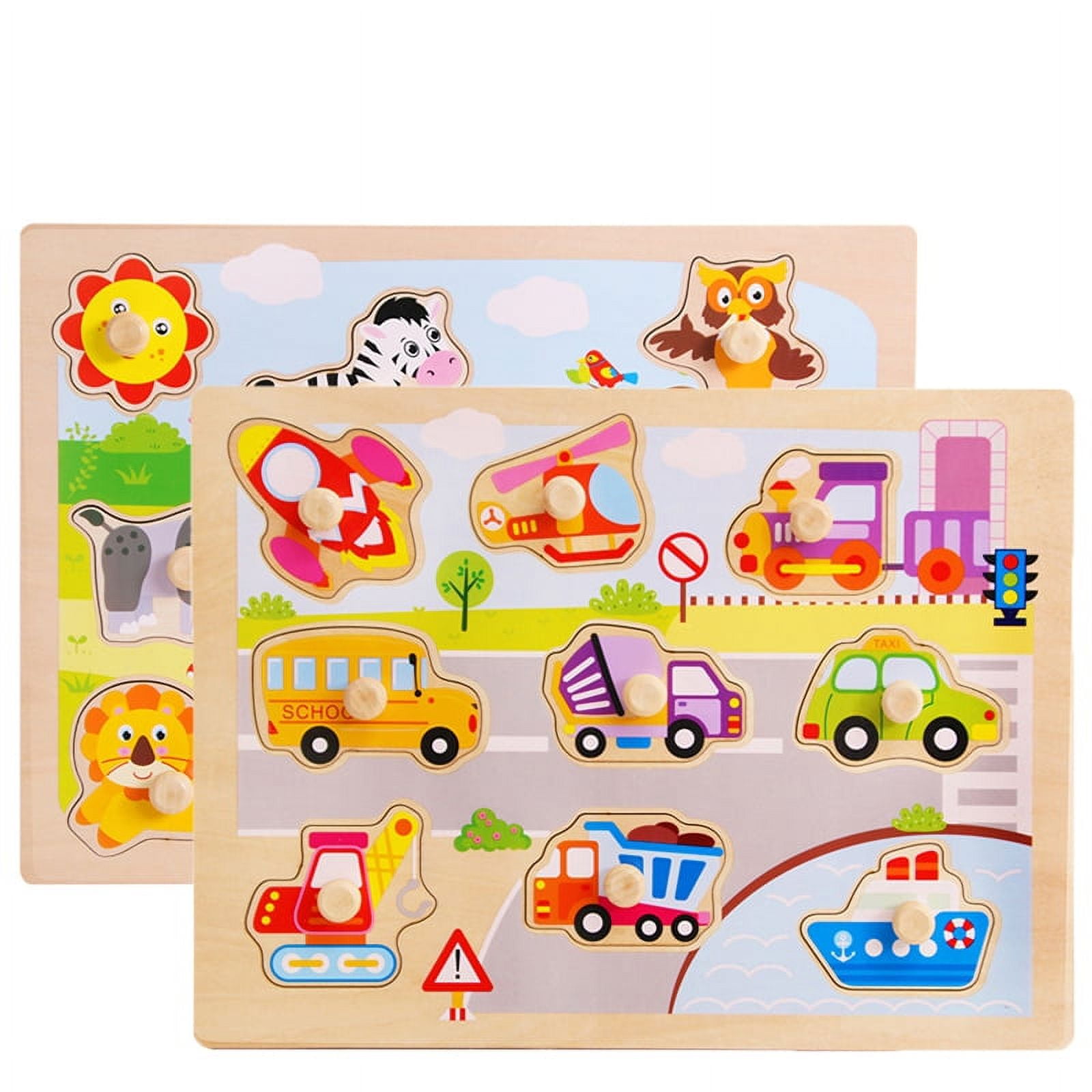 Toddler Puzzles and Rack Set, Wooden Peg Puzzles Bundle with Storage ...