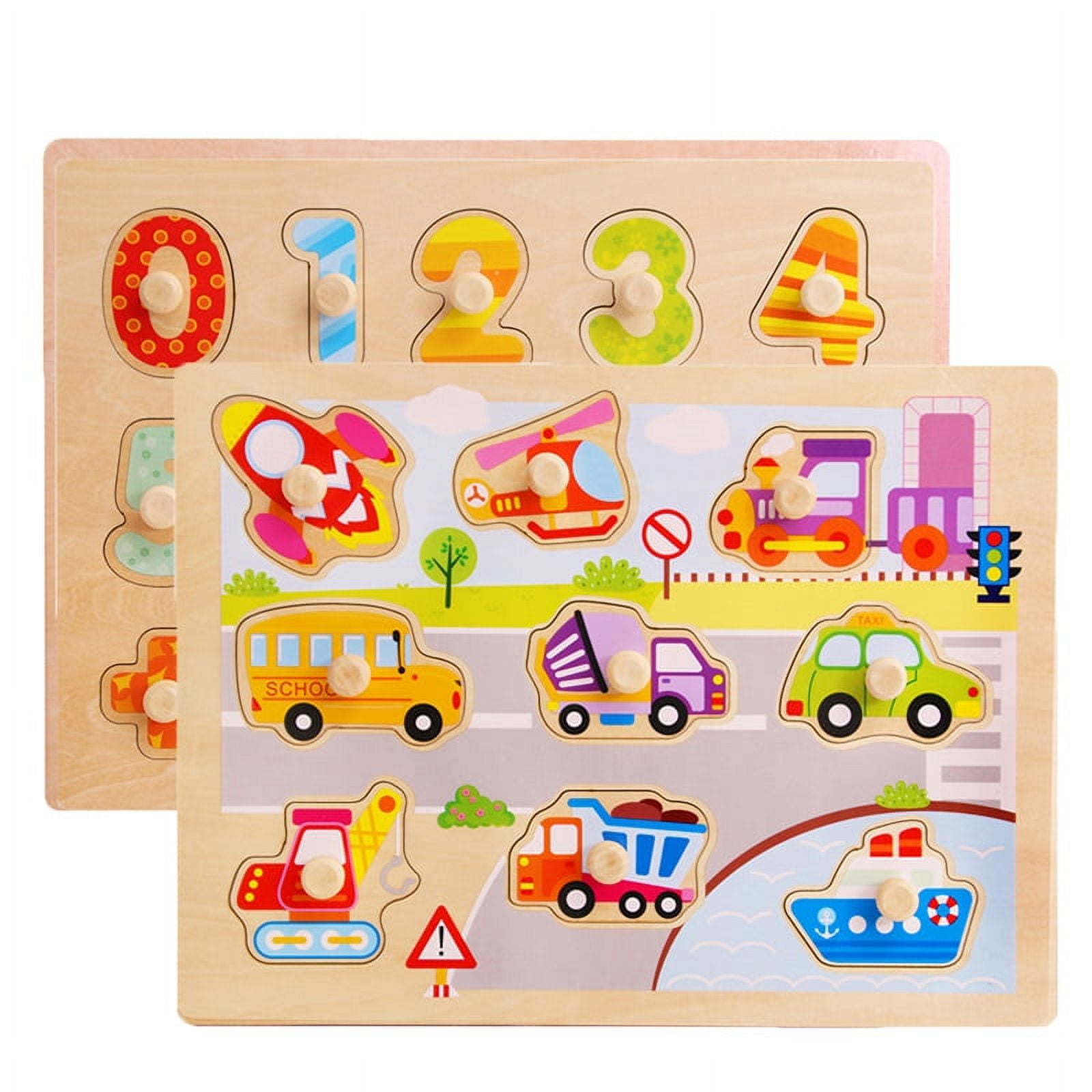 Toddler Puzzles and Rack Set, Wooden Peg Puzzles Bundle with Storage ...