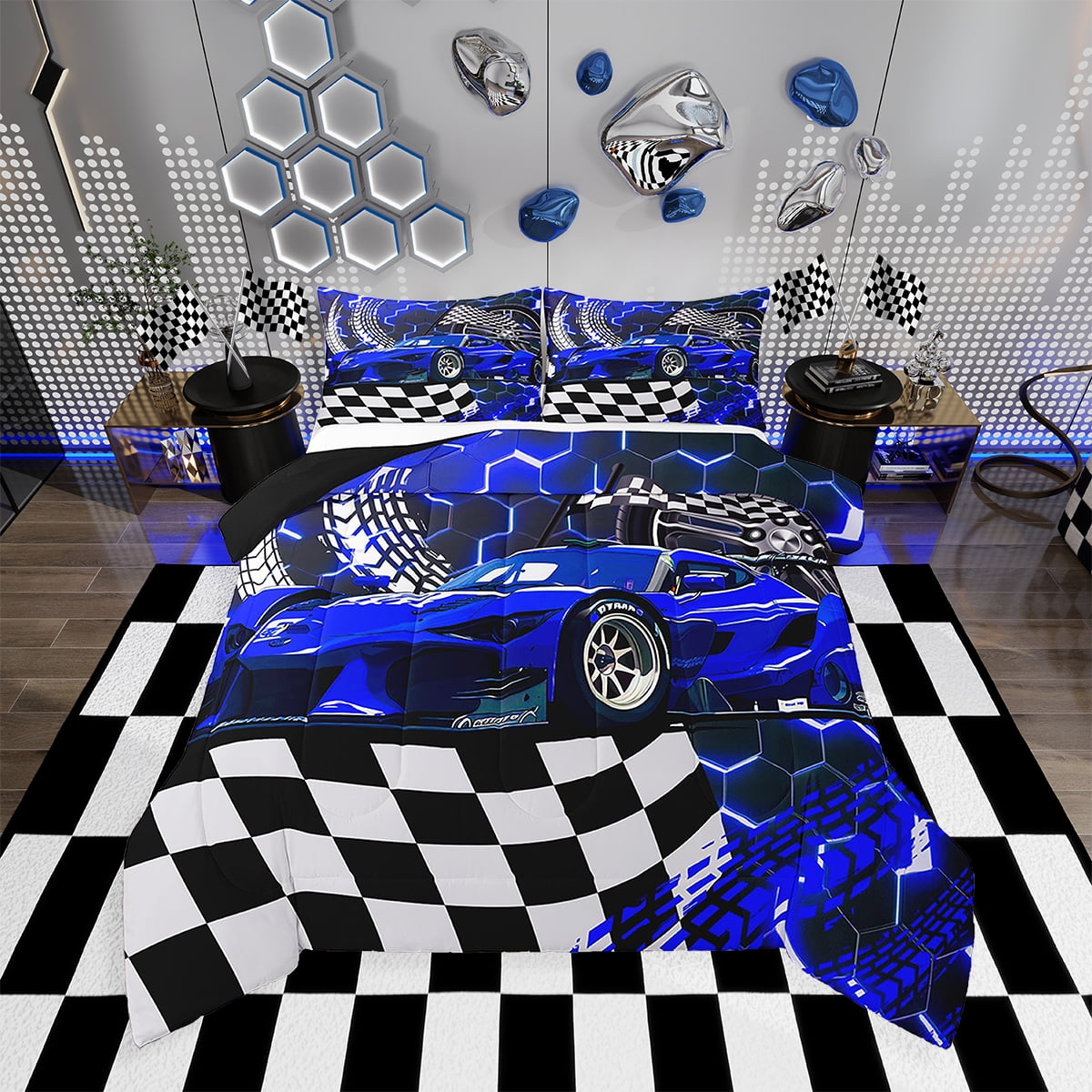 Toddler Race Car Bed,Blue Neon Lights Honeycomb Twin Bedding Set Cool ...