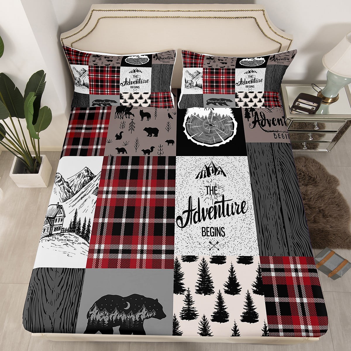 Rustic Cabin Bed Sheets, Farmhouse Deer Bear Bedding Set Twin Size ...