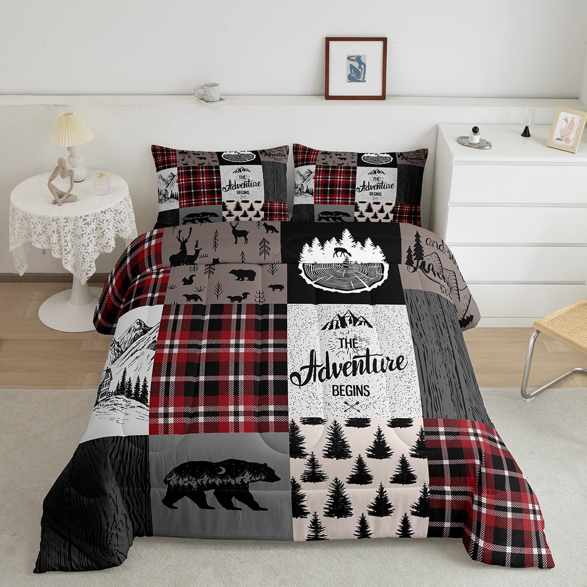 Rustic Cabin Comforter Set, Farmhouse Deer Bear Bedding King Size ...