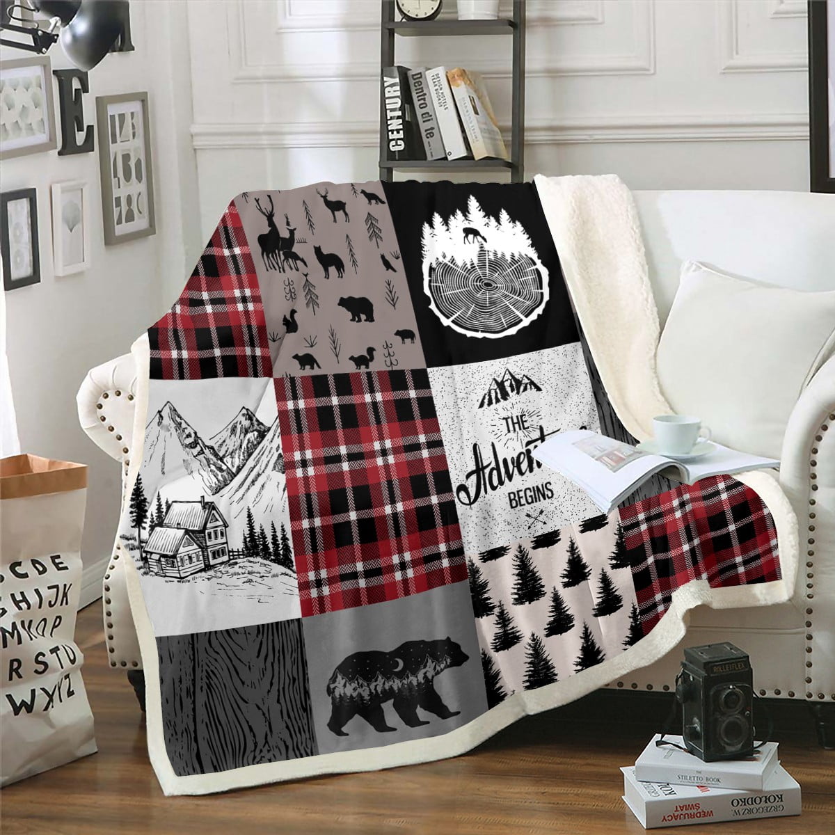Rustic Cabin Sherpa Blanket, Farmhouse Deer Bear Fleece Blanket Throw ...