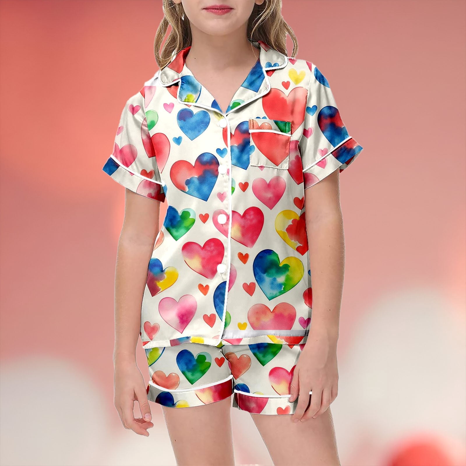 Toddler Silk Pajamas Girls Heart Print Short Sleeve Button-Down ...