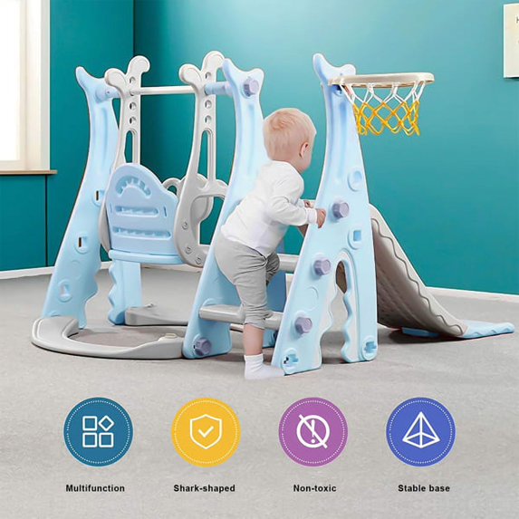 Toddler Slide and Swing Set 4-in-1 Baby Slide Set with Basketball Hoop ...