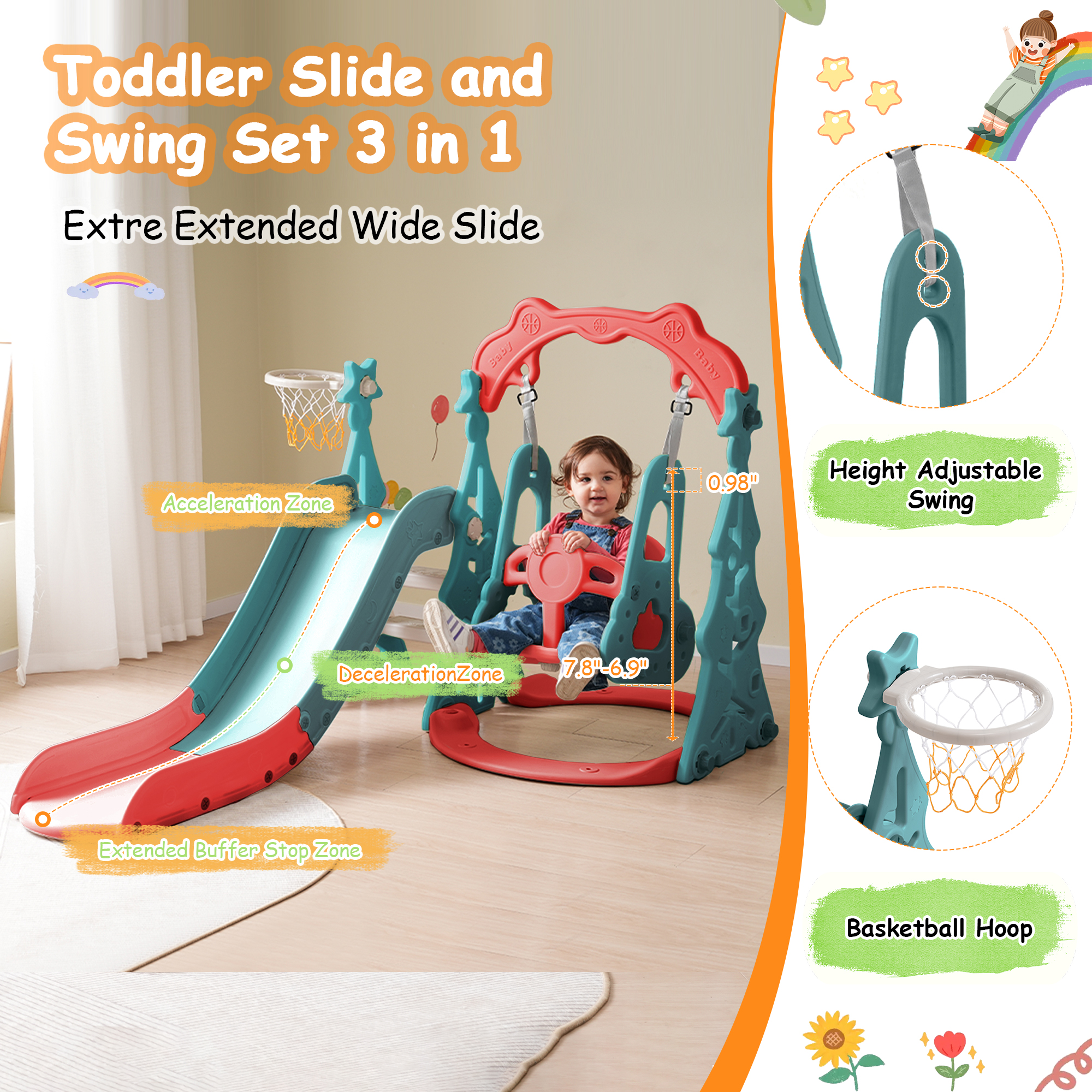 Toddler Slide and Swing Set 3 in 1, Kids Playground Climber Swing ...