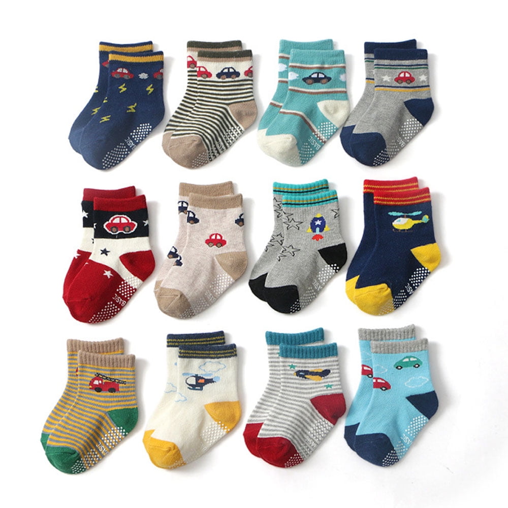 Toddler Socks 12 Pairs Non Slip Skid Socks Kids Boys Grips Cotton Crew ...