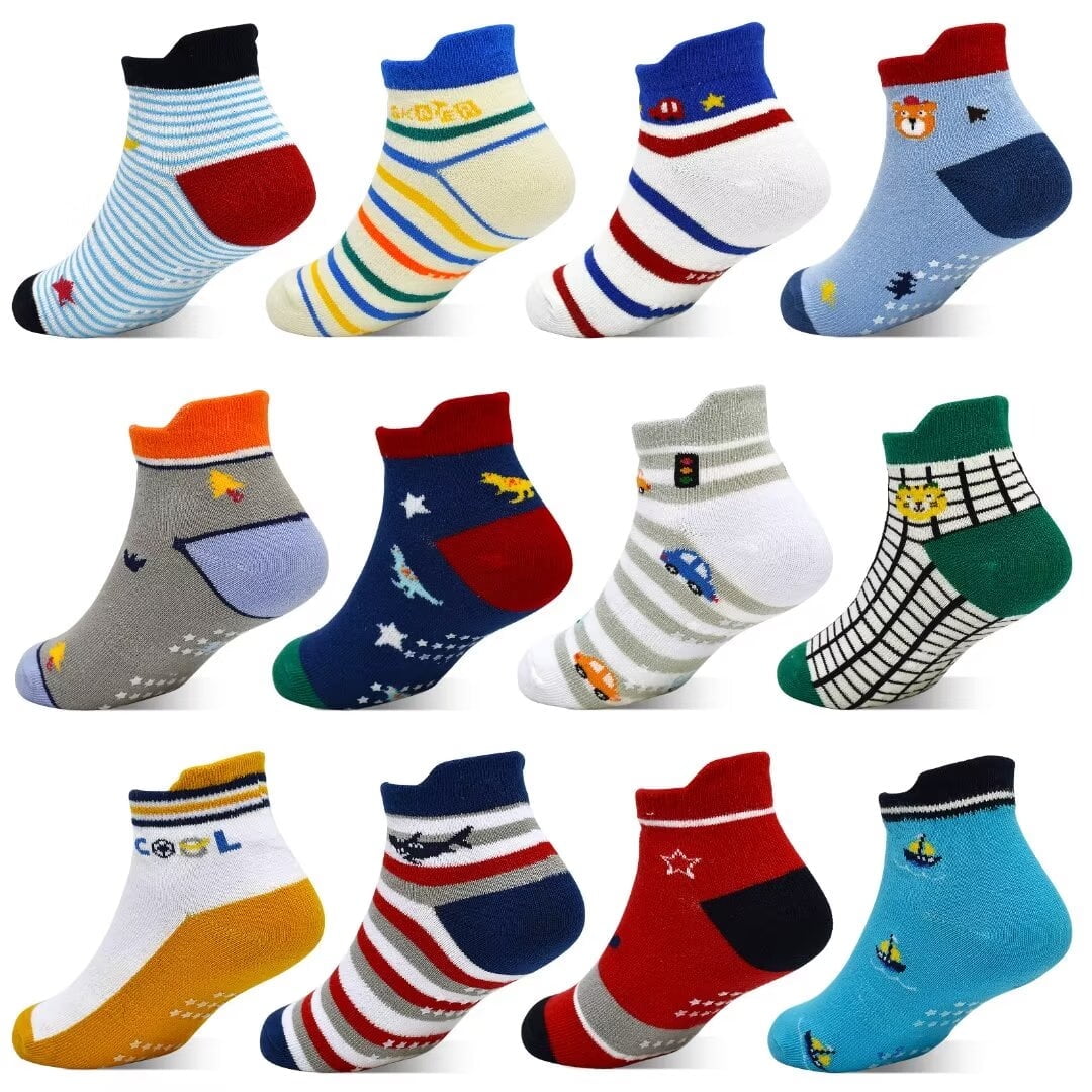 Toddler Socks Boys, Non Slip 12 Pairs Kids Ankle Socks with Grippers ...