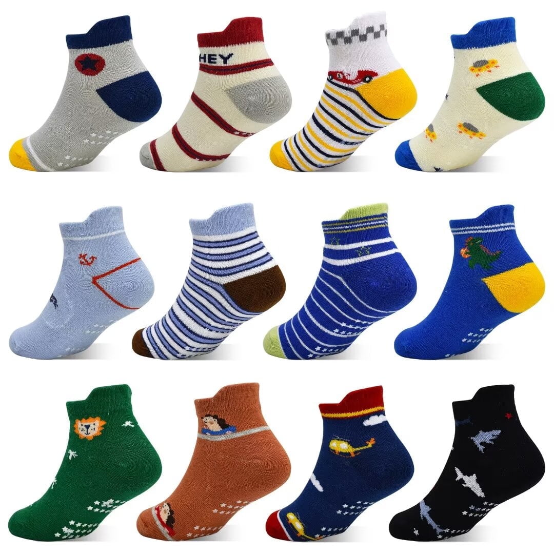 Toddler Socks Boys, Non Slip 12 Pairs Kids Ankle Socks with Grippers ...