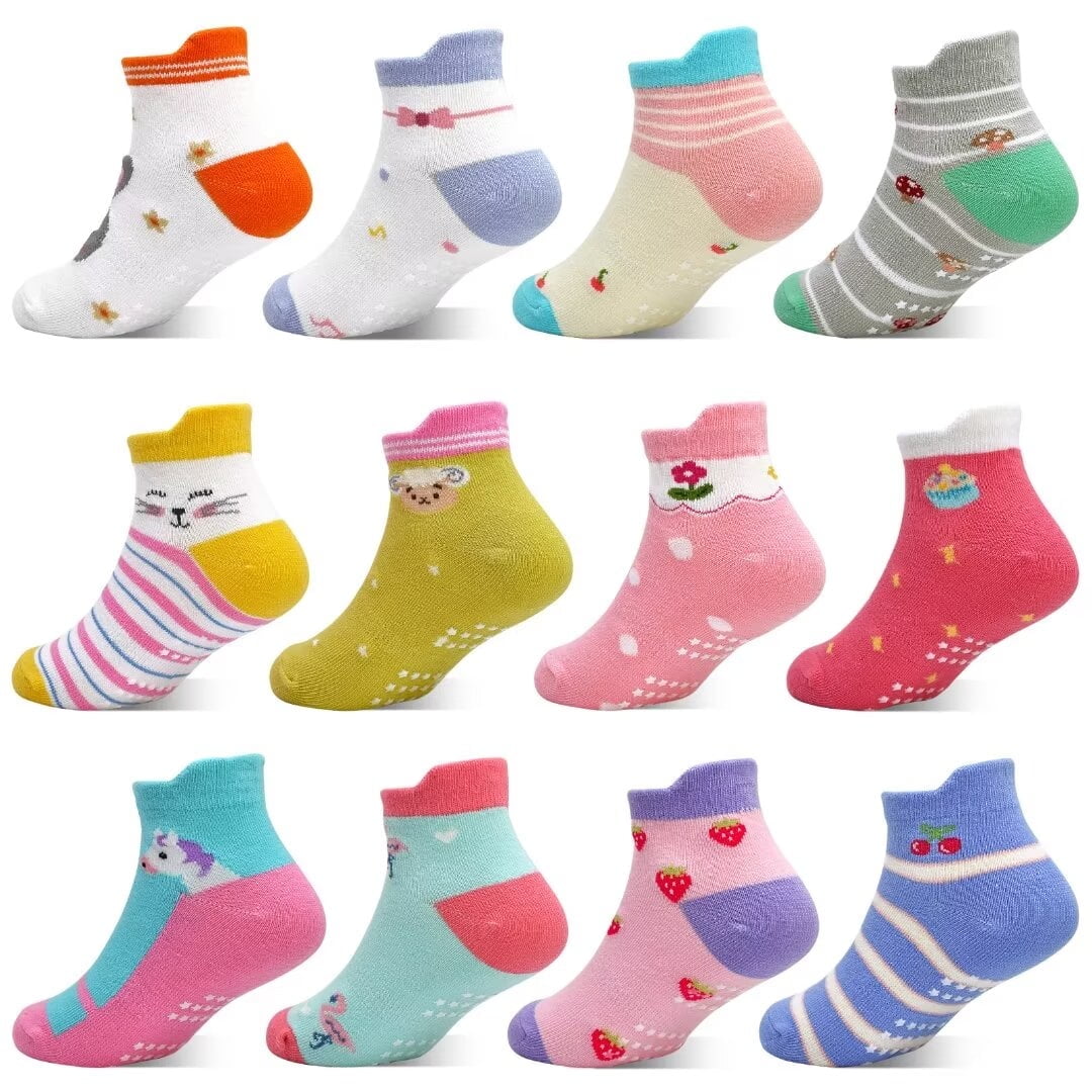 Toddler Socks Girls, Non Slip 12 Pairs Kids Ankle Socks with Grippers ...
