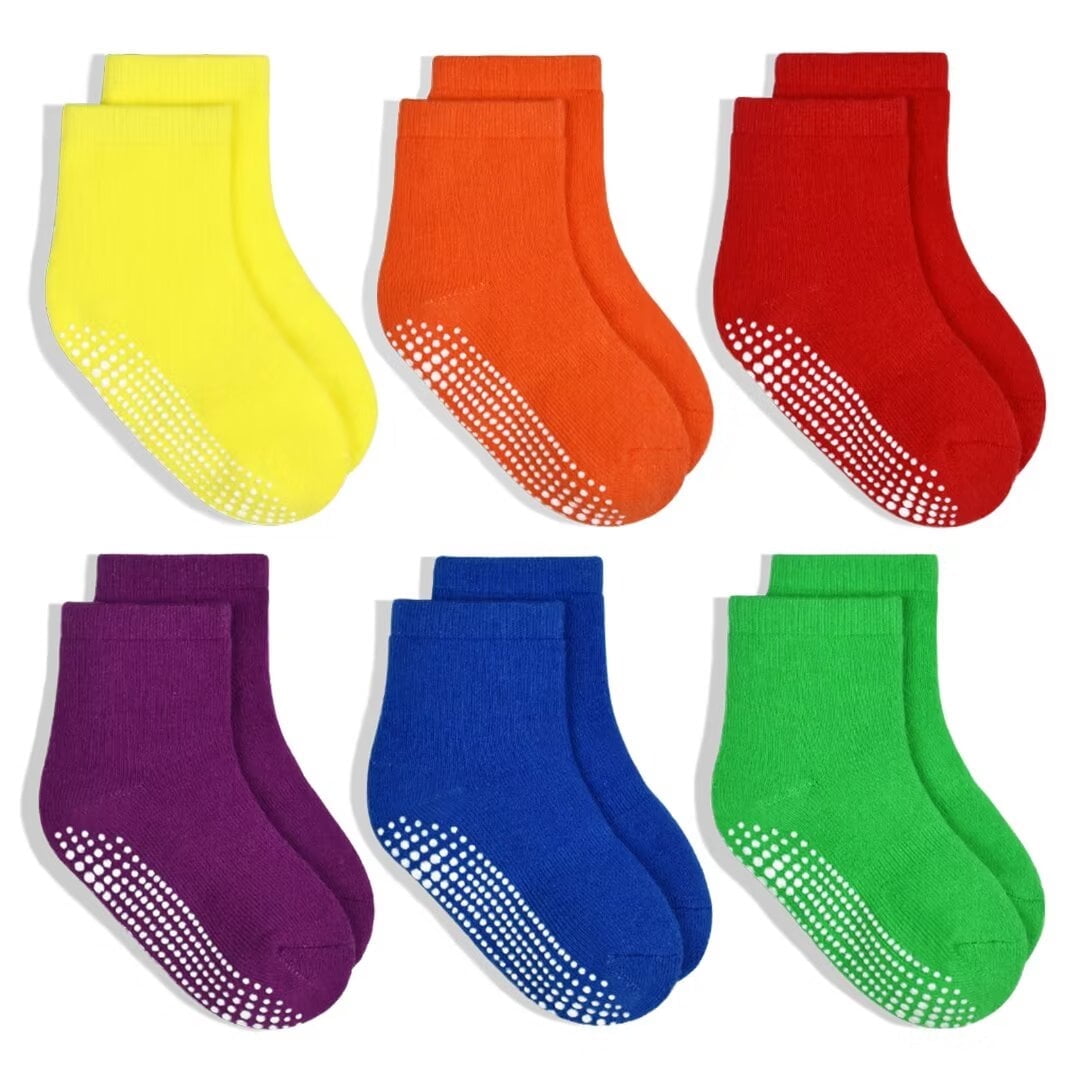 Toddler Socks with Grip, 6 Pairs Non Slip Crew Socks Anti Skid Socks ...